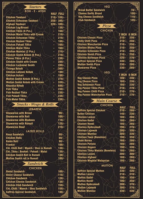 Menu of Saffron Express, Bandra Talao, Bandra West, Mumbai
