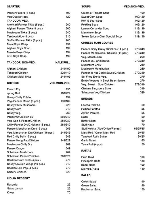 Menu of 7 Spicery, Gomti Nagar, Lucknow