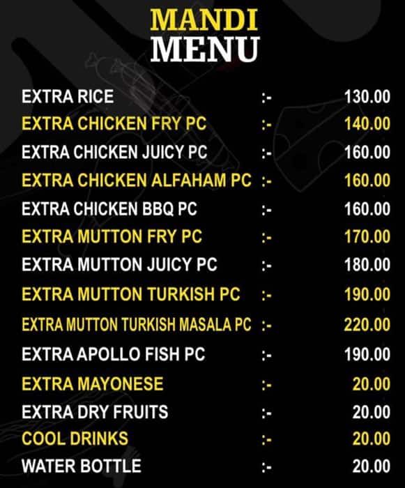 Menu at SMUGGLERS ARABIAN MANDI, Hyderabad