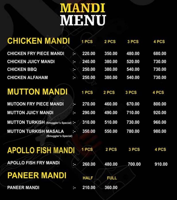 Menu of Smugglers Arabian Mandi, Jeedimetla, Hyderabad