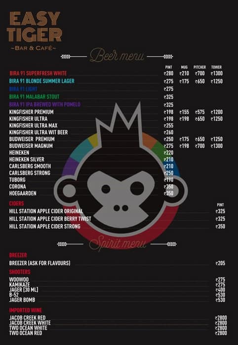Menu of Easy Tiger, Church Street, Bangalore