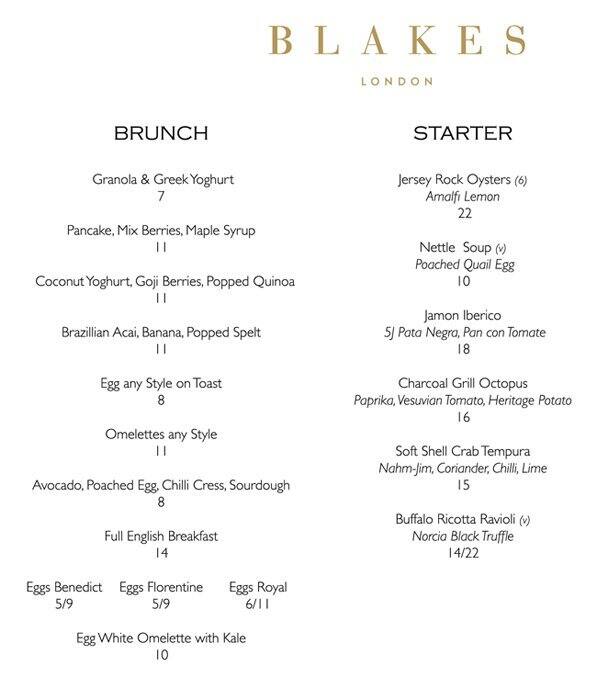 Menu at Blakes Below pub & bar, London