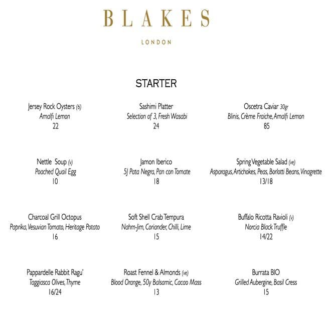 Menu at Blakes Below pub & bar, London