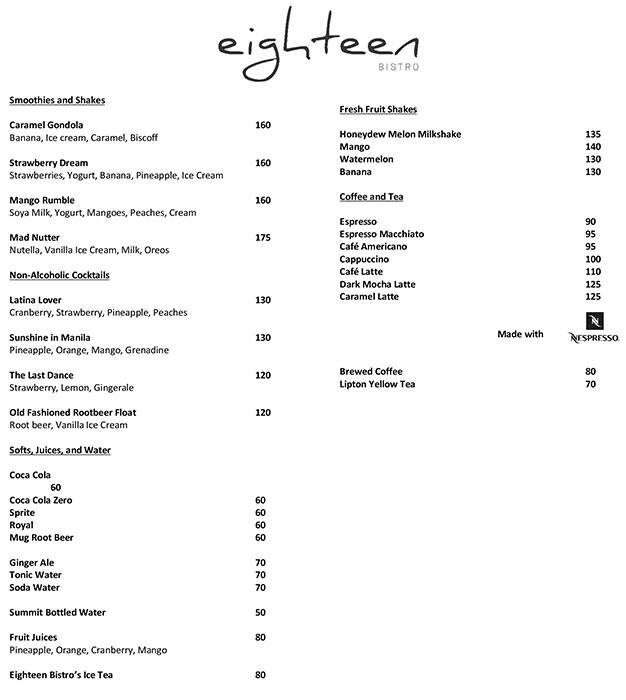 Menu at Eighteen Bistro pub & bar, Quezon City