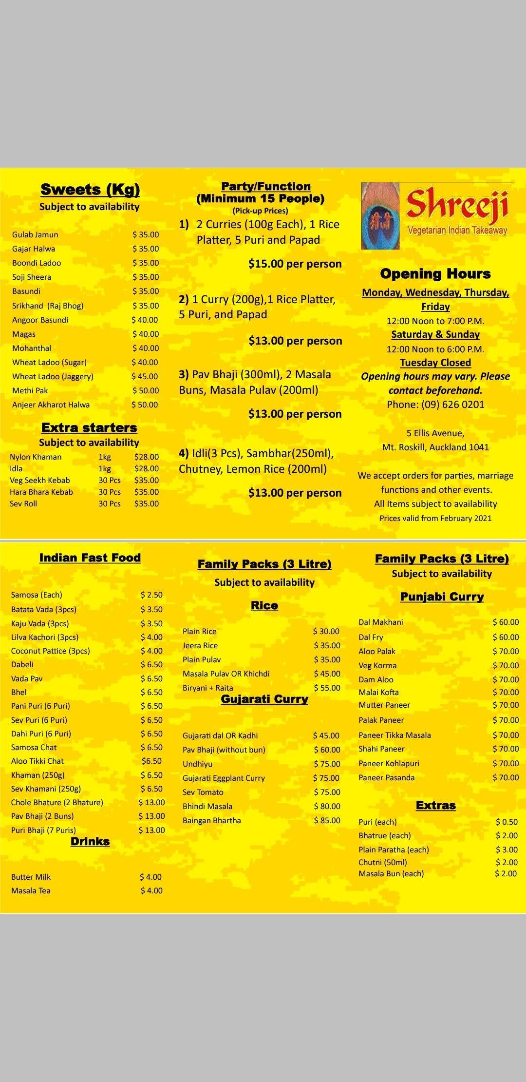 Menu at Shreeji Indian Vegetarian Takeways restaurant, Auckland
