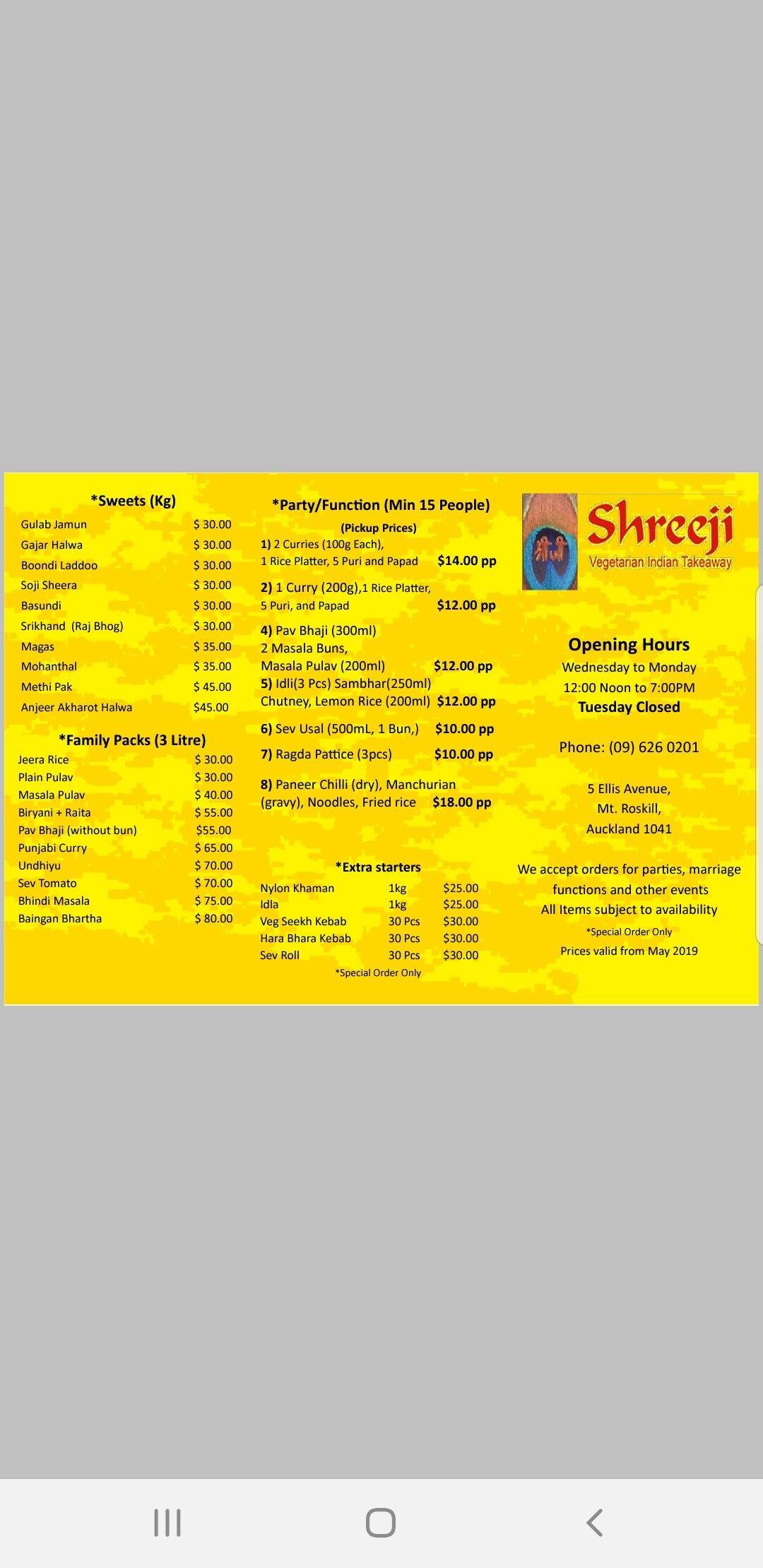 Menu at Shreeji Indian Vegetarian Takeaway restaurant, Auckland
