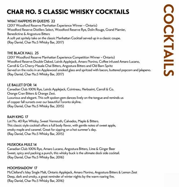 Menu at Char No.5 Whisky & Cocktail Lounge pub & bar, Toronto