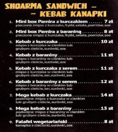 Menu at Kebab Pamira Shoarma restaurant, Łomianki