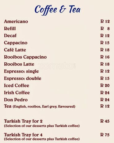 Menu at Kafe Serefe restaurant, George