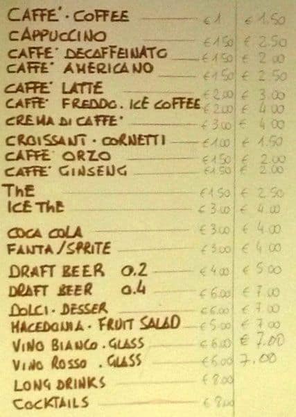 Menu at Bistro' Trevi cafe, Rome, Via del Basilico