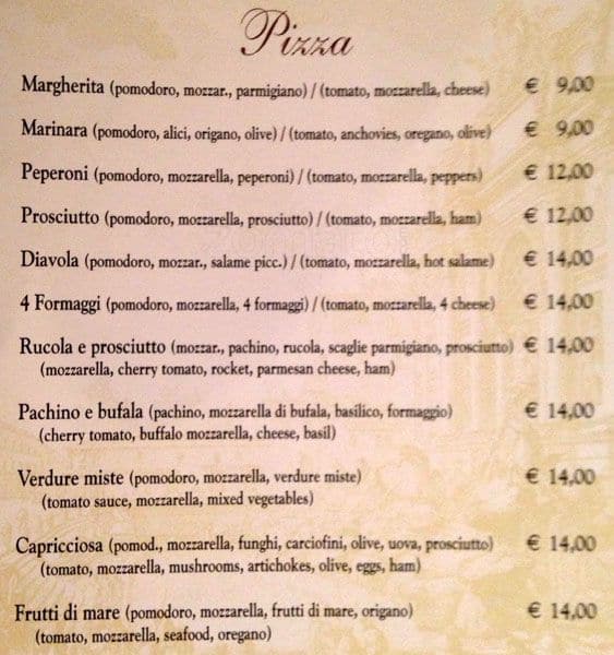 Menu at Bistro' Trevi cafe, Rome, Via del Basilico