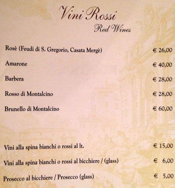Menu at Bistro' Trevi cafe, Rome, Via del Basilico