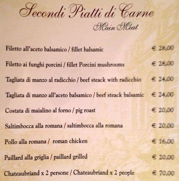 Menu at Bistro' Trevi cafe, Rome, Via del Basilico