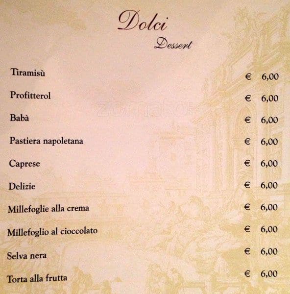 Menu at Bistro' Trevi cafe, Rome, Via del Basilico
