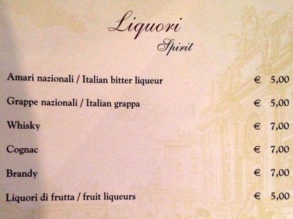 Menu at Bistro' Trevi cafe, Rome, Via del Basilico