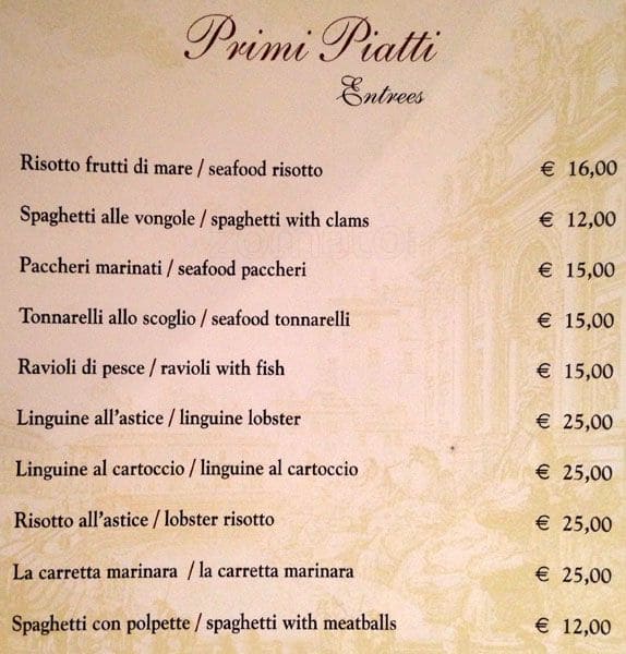 Menu at Bistro' Trevi cafe, Rome, Via del Basilico
