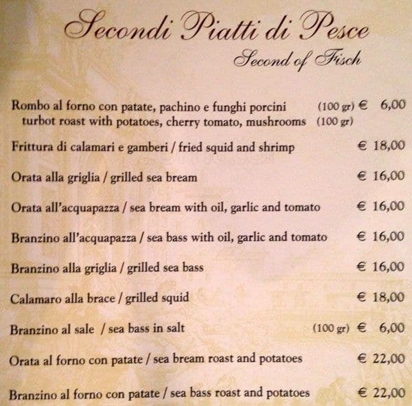 Menu at Bistro' Trevi cafe, Rome, Via del Basilico
