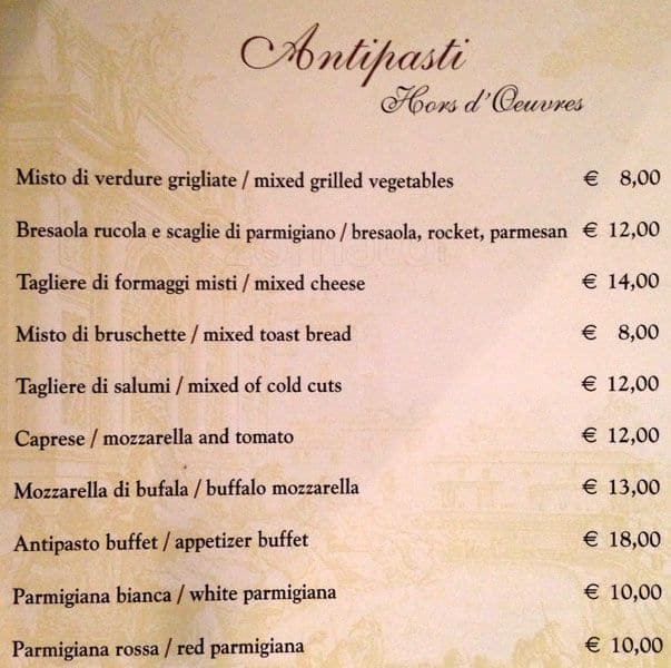 Menu at Bistro' Trevi cafe, Rome, Via del Basilico