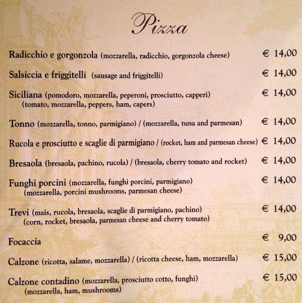 Menu at Bistro' Trevi cafe, Rome, Via del Basilico
