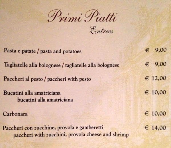 Menu at Bistro' Trevi cafe, Rome, Via del Basilico
