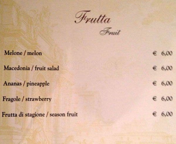 Menu at Bistro' Trevi cafe, Rome, Via del Basilico