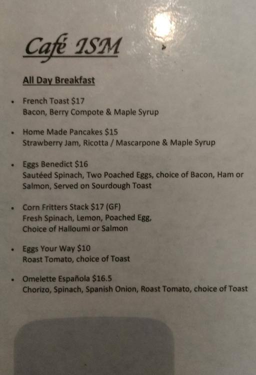 Menu at Cafeism, Newtown