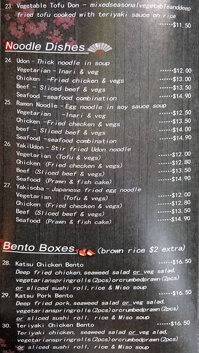 Menu at Tanpopo Sushi restaurant, South Yarra