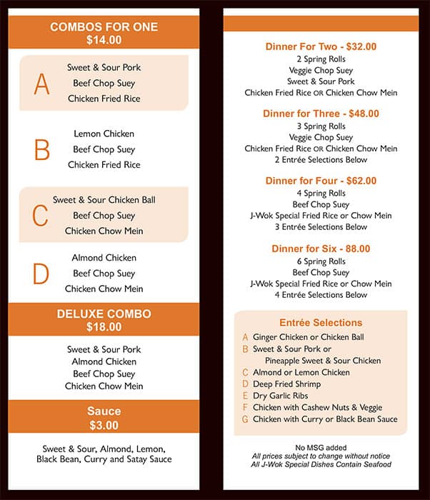 Menu at J-Wok Express restaurant, Kelowna