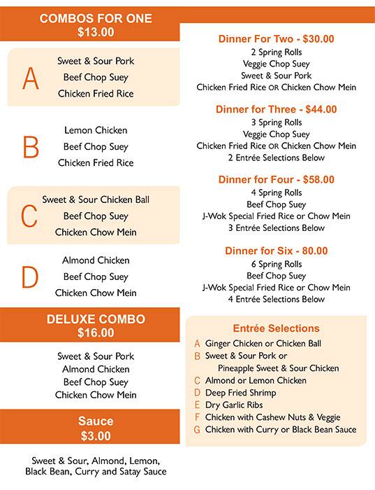 Menu at J-Wok Express restaurant, Kelowna