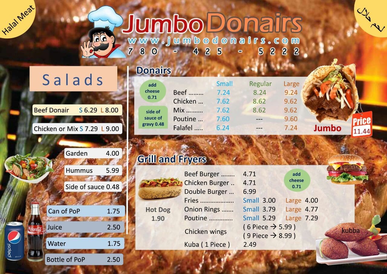 Menu at Jumbo Donair fast food, Edmonton
