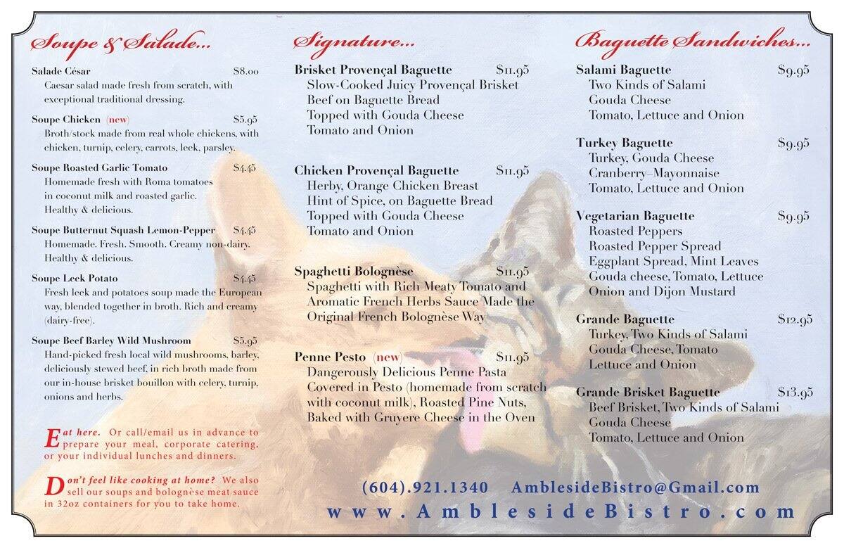 Menu au Ambleside Bistro café, West Vancouver