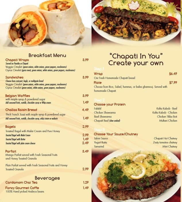 Menu at Chapati restaurant, Chicago, 550 W Jackson Blvd