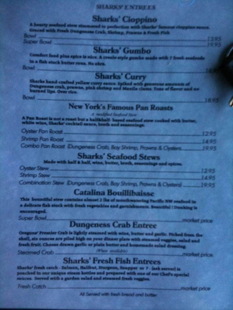 Menu at Sharks Seafood Bar & Steamer Co., Newport, N Coast Hwy