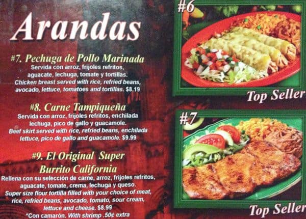Menu at Taqueria Arandas restaurant, Irving, W Airport Fwy