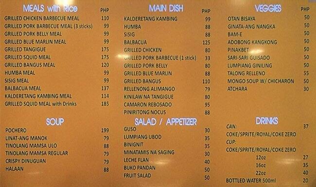 Menu at Fiesta Cebuana restaurant, Cebu City