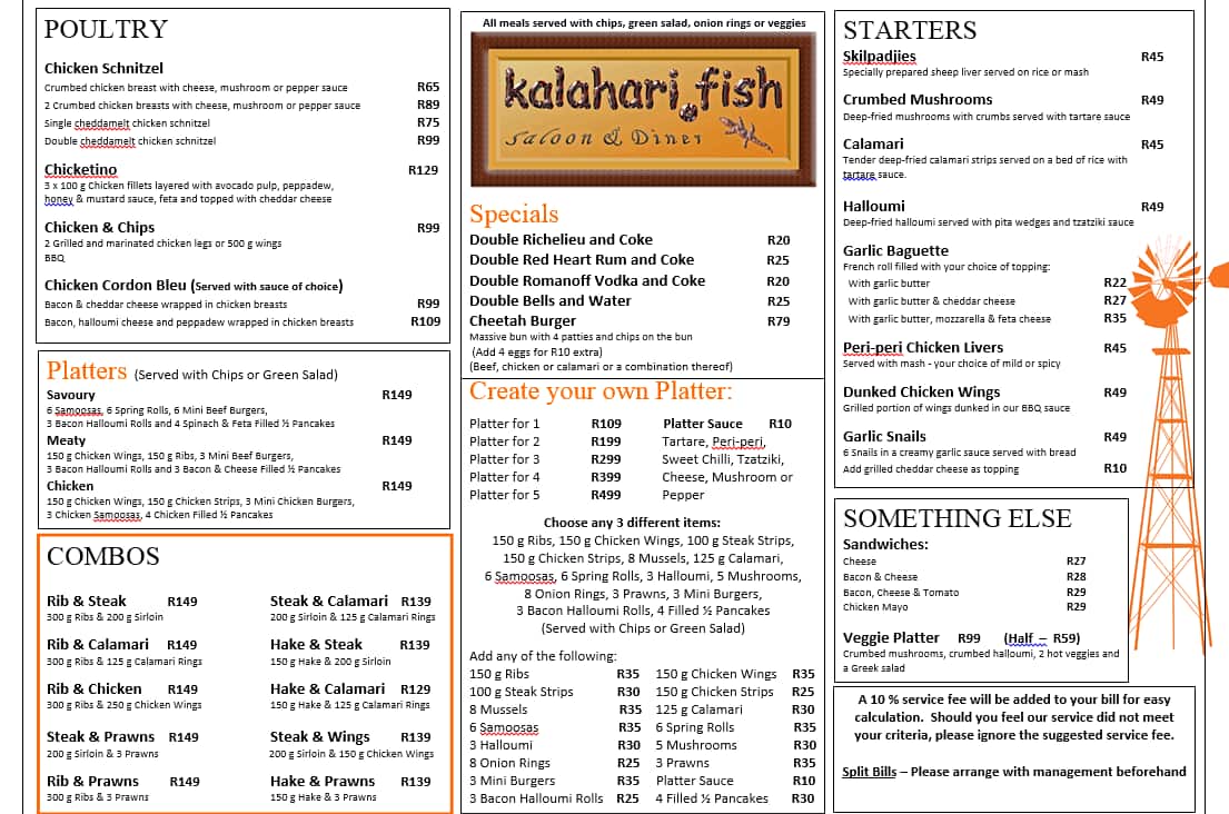 Menu at Kalahari.fish restaurant, Bloemfontein