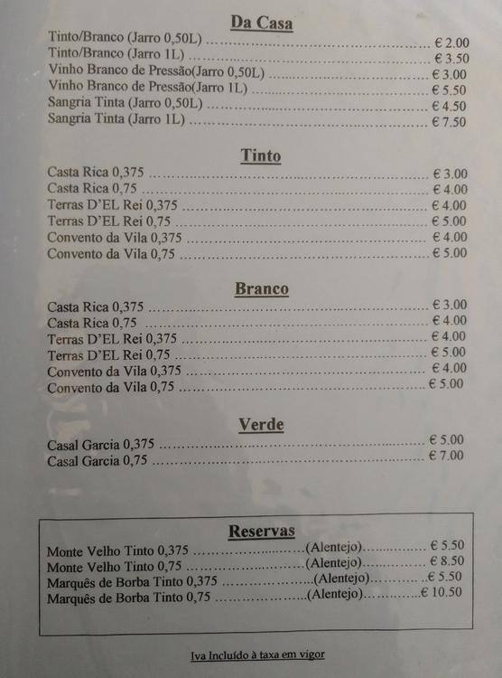 Menu at O Rocha restaurant, Costa da Caparica, Av. do Oceano 21-A