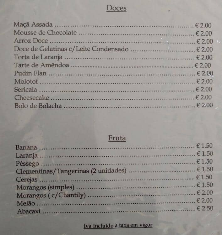 Menu at O Rocha restaurant, Costa da Caparica, Av. do Oceano 21-A