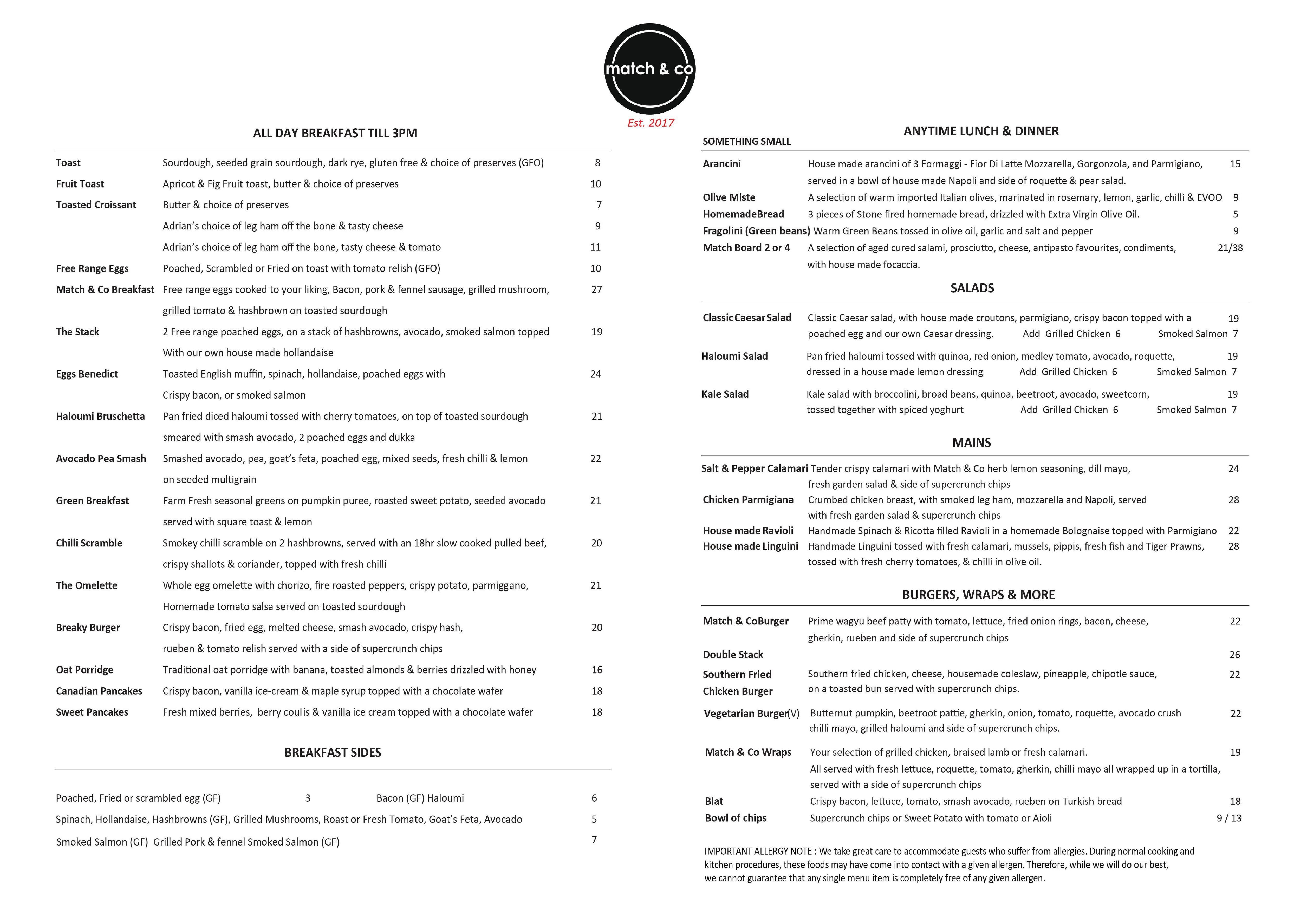 Menu at Match & Co Cafe, Dingley Village