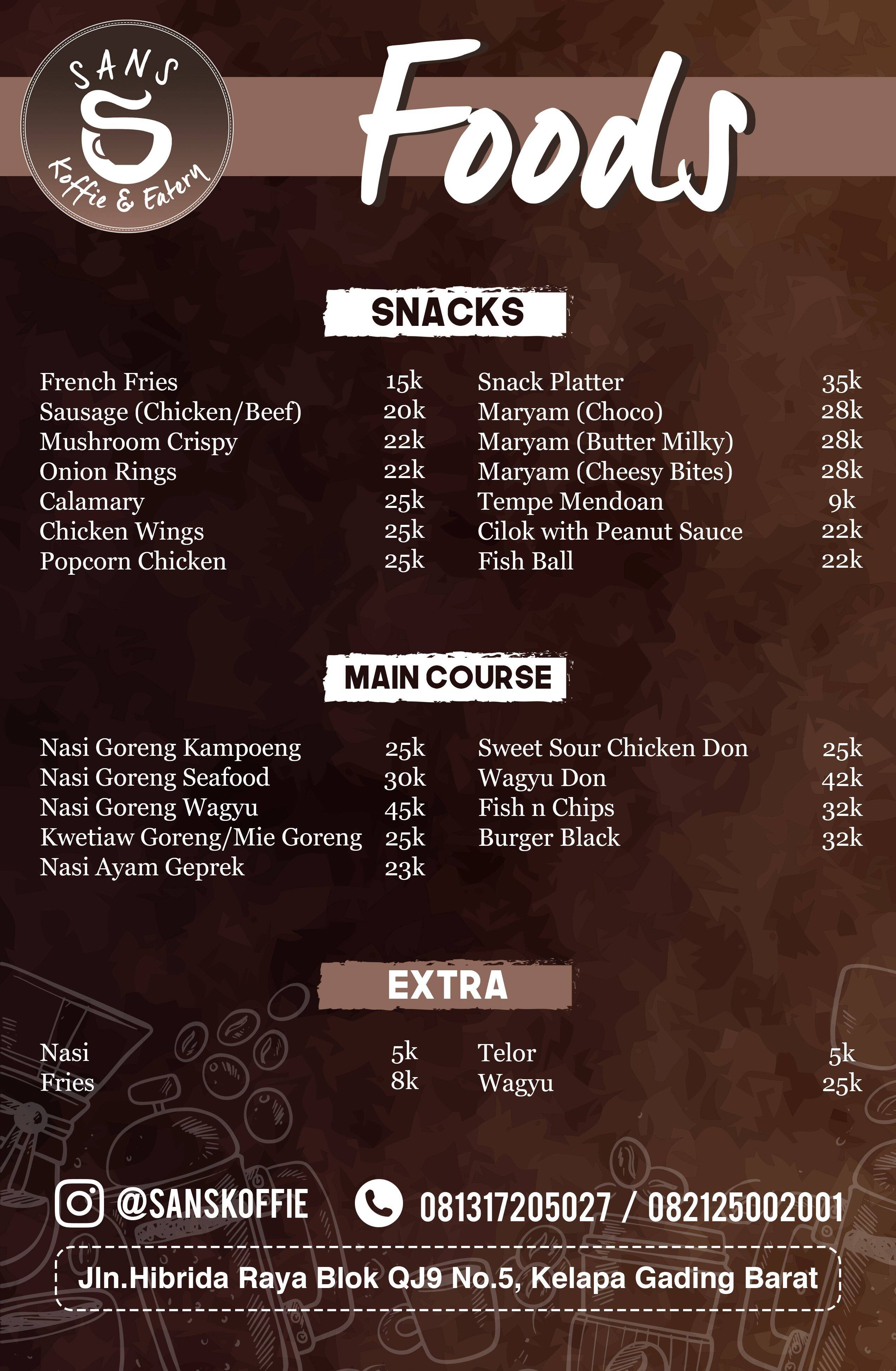 Menu at Sans Koffie & Eatery restaurant, North Jakarta