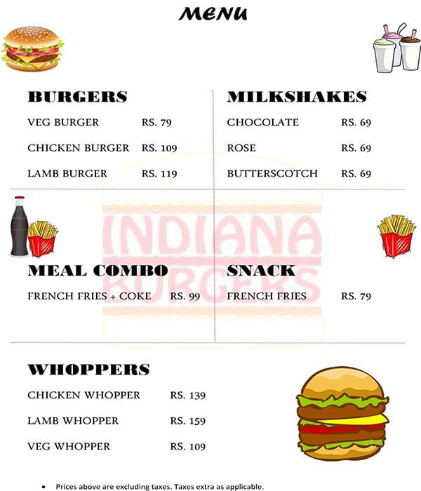 Menu of Indiana Burgers, Navallur, Chennai