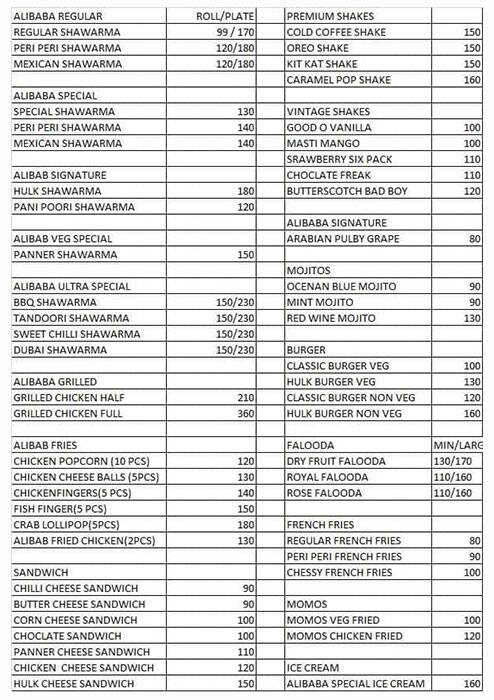 Menu of Alibaba Shawarma And 40 Dishes, T. Nagar, Chennai