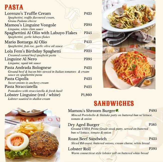 Menu at Mamou's steakhouse, Makati
