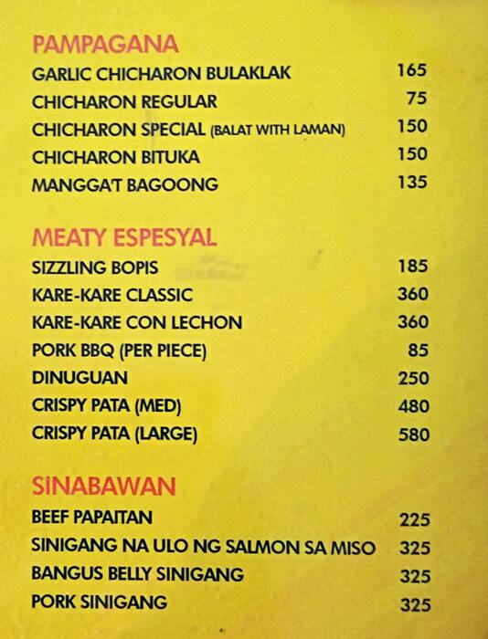 Menu at Lyndas Lechon restaurant, Quezon City, Commonwealth Ave