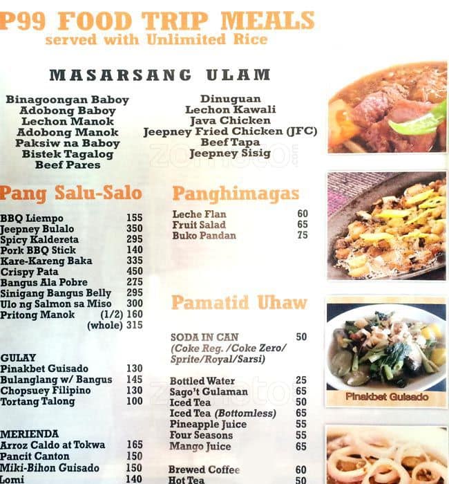 Menu at Jeepney Pinoy Resto restaurant, Tagaytay