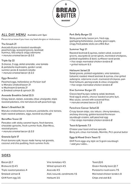 Menu at Bread and Butter Milford cafe, Auckland