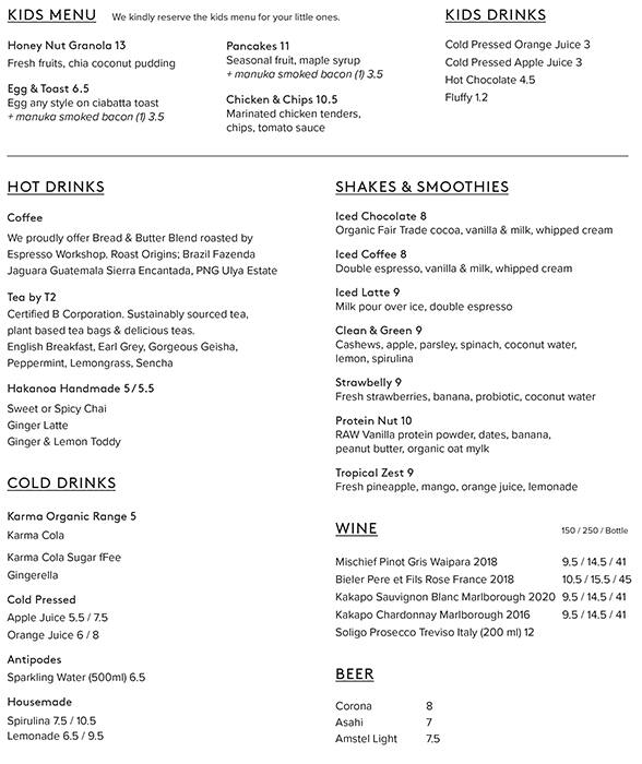 Menu at Bread and Butter Milford cafe, Auckland