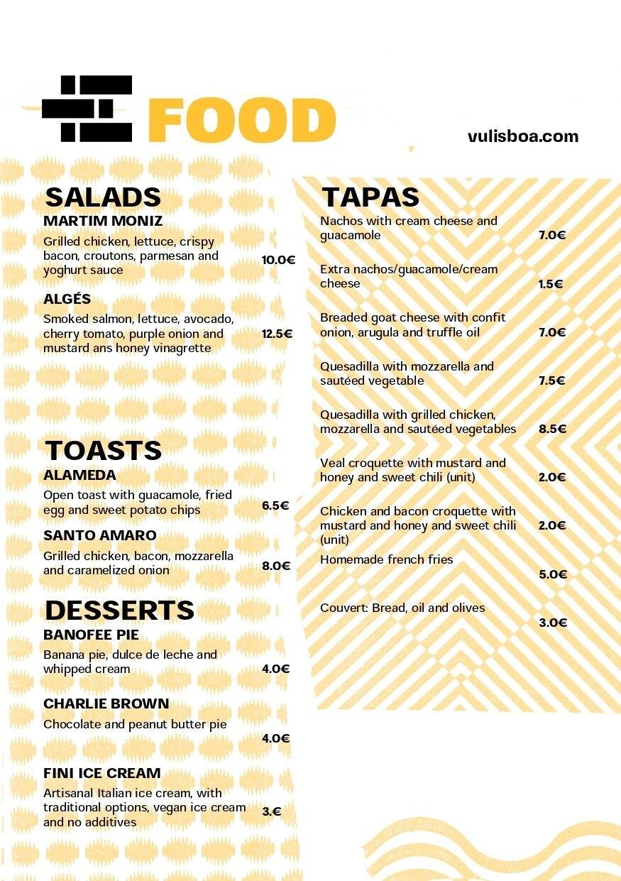 Menu at Village FOOD restaurant, Lisbon