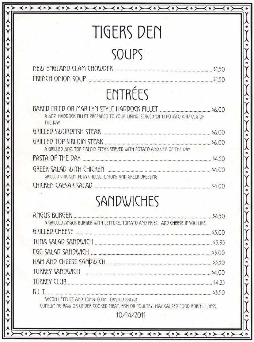 Menu at Lynn Tech Tigers Den, Lynn