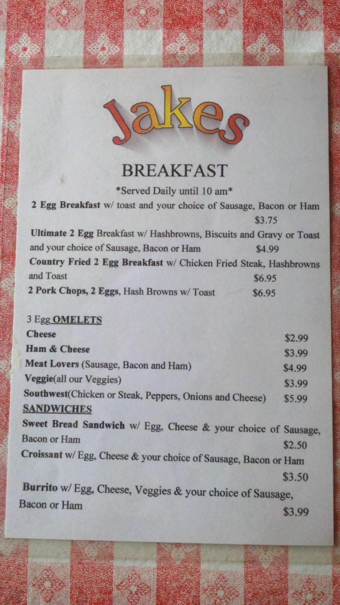 Menu at Jake's Cafe, West Fork